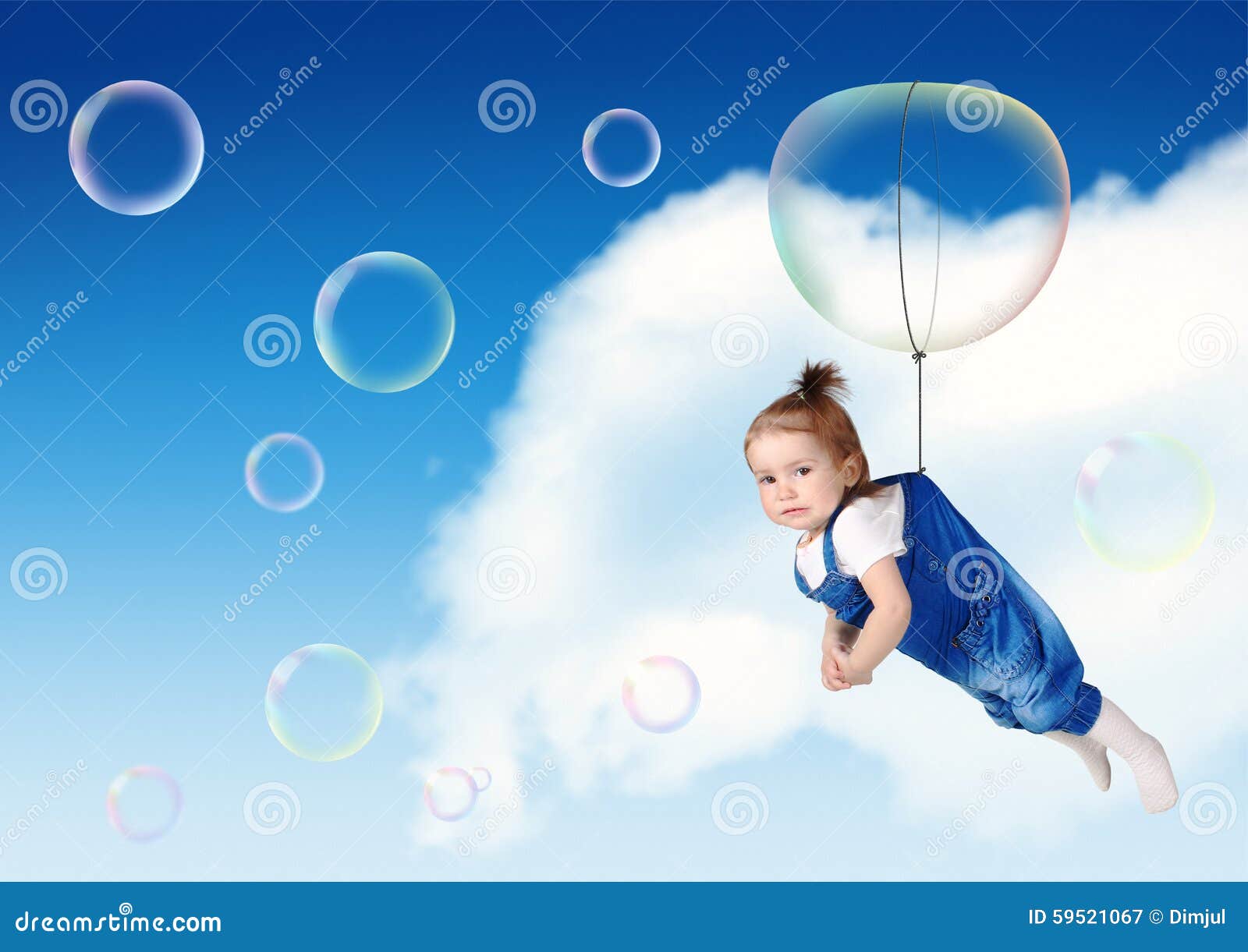 Funny Kid Fly on Soap Bubble, Flight Creative Concept Stock Image ...