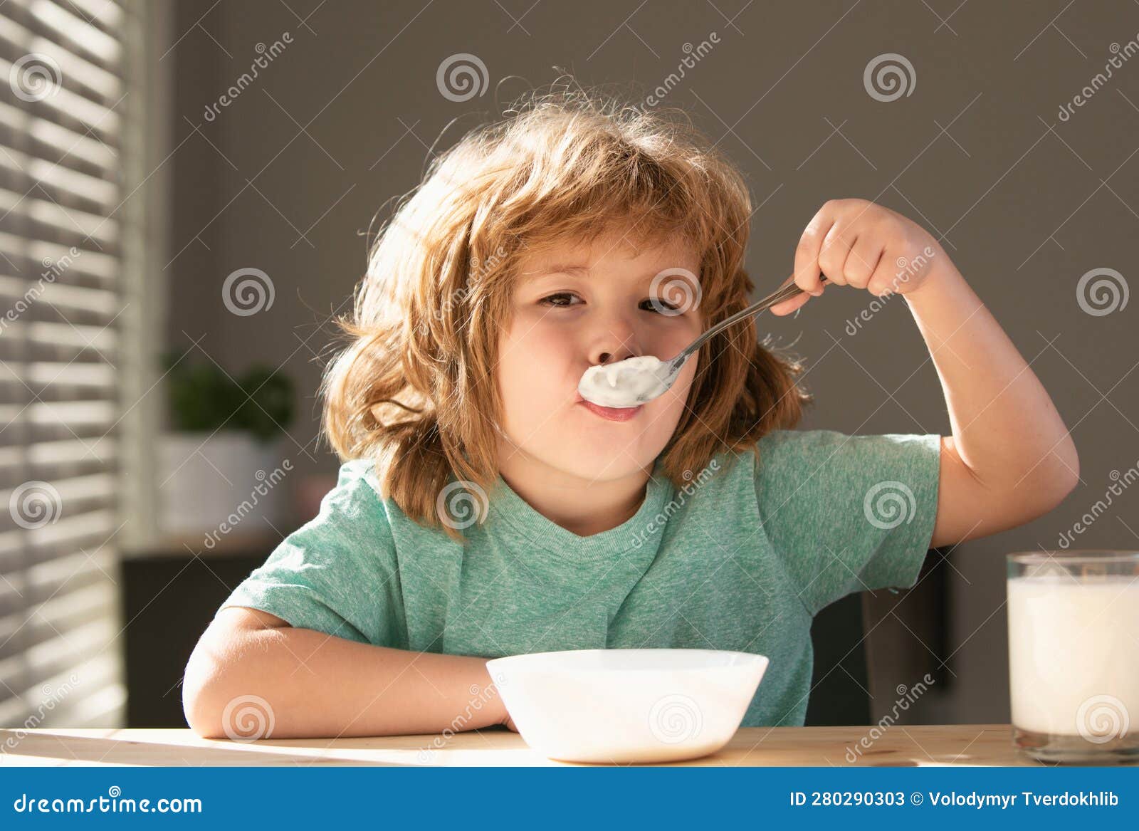 Funny Kid with Plate of Soup. Child Dinner. Stock Image - Image of ...