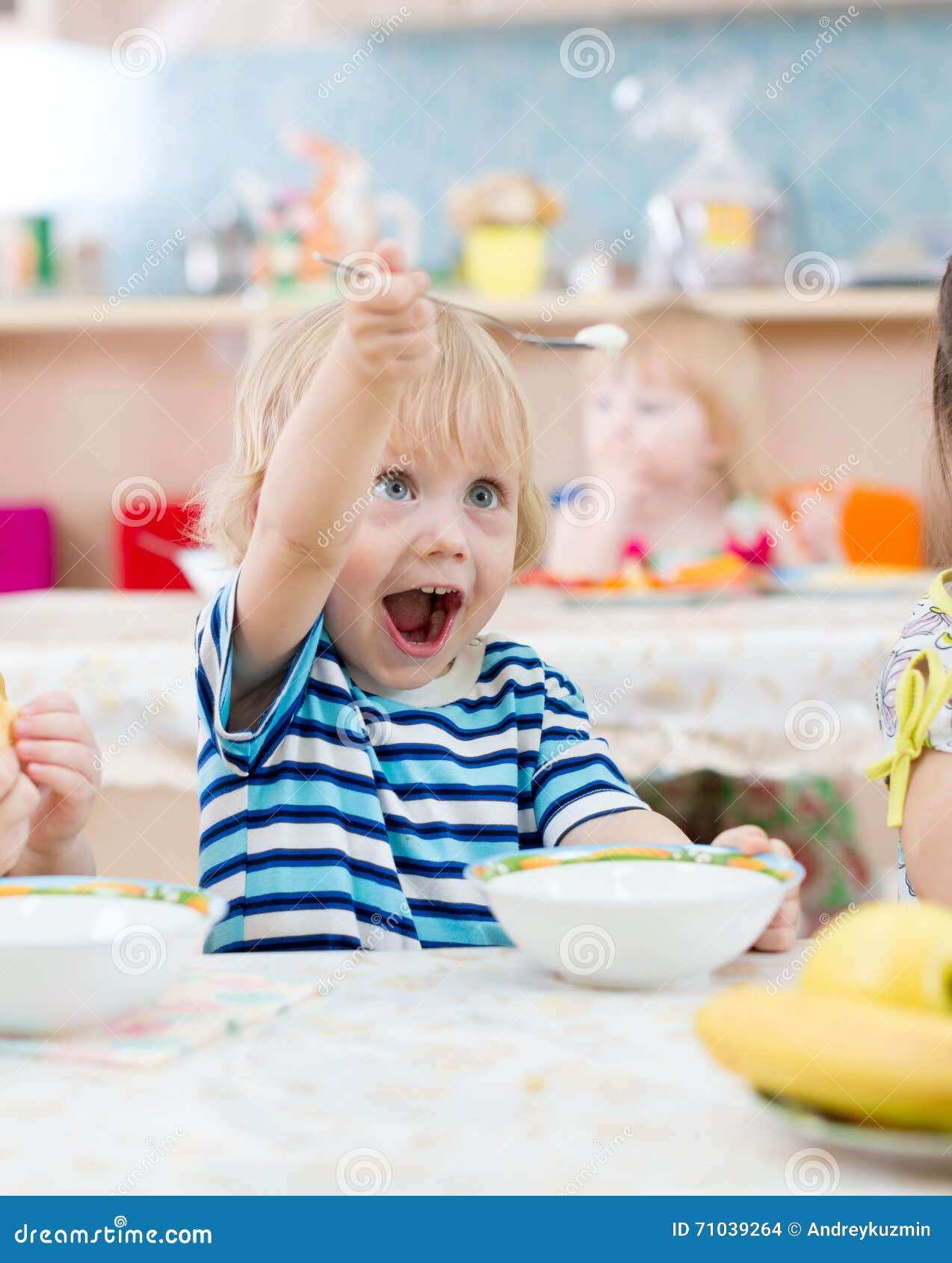 Funny Kid Playing during Meal in Kindergarten Stock Photo - Image of ...