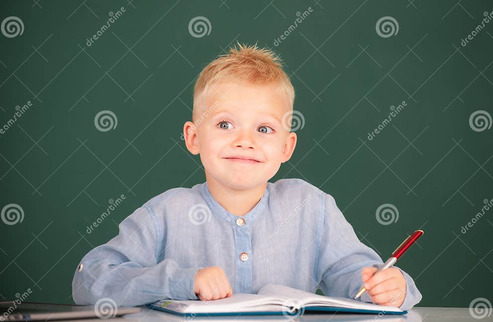 Funny Kid Writing in Notebook in Class. Child at School. Kid is ...
