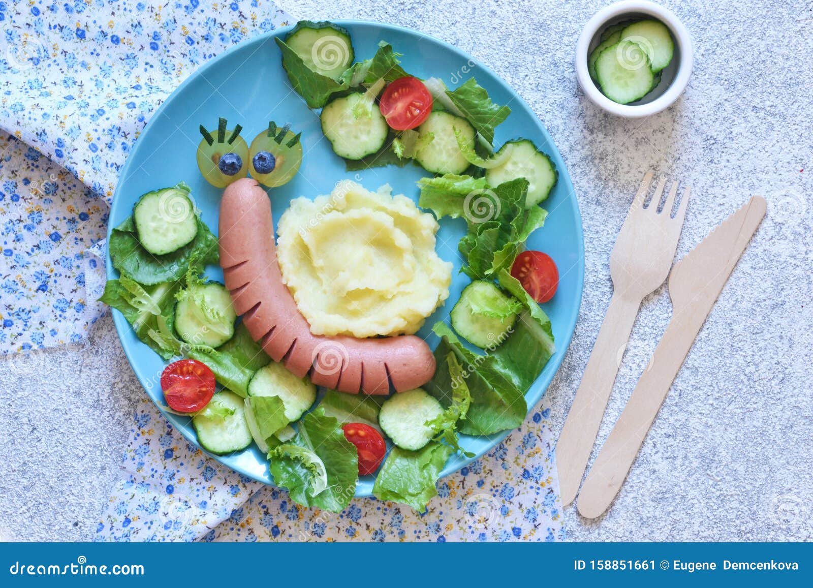 Funny Kids Lunch with Mashed Potatoes and Sausage. Funny Snail Stock ...
