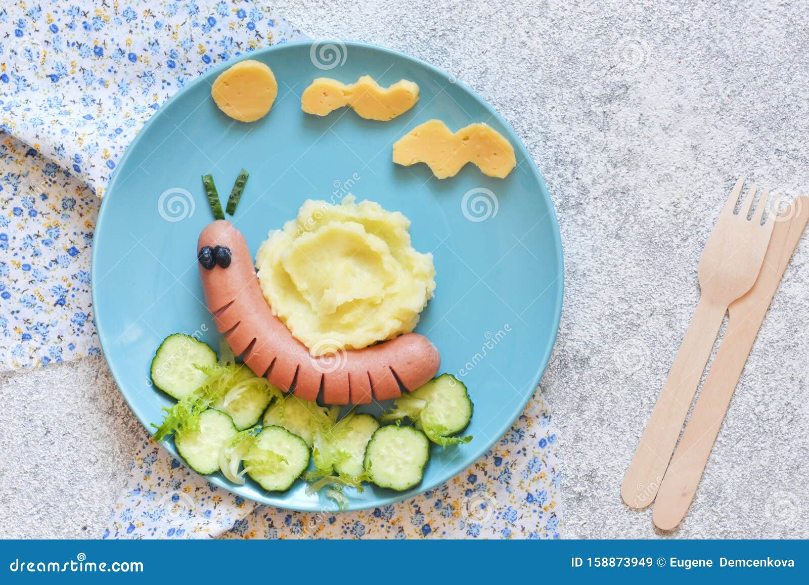 Funny Kids Lunch with Mashed Potatoes and Sausage. Funny Snail Stock ...