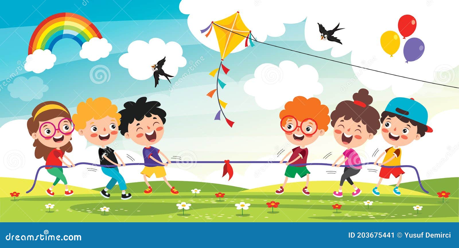 Funny Kids Playing Pulling Rope Stock Vector - Illustration of child ...