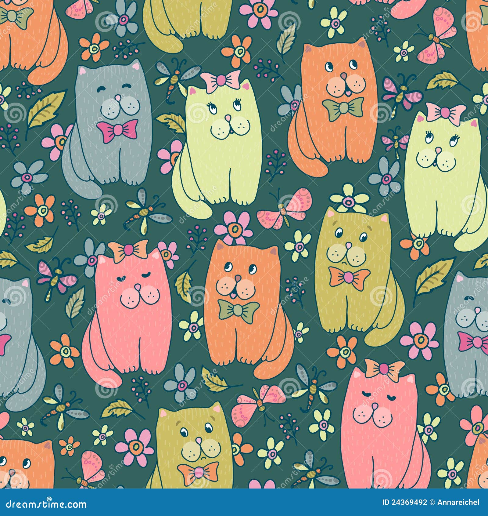 Funny Kitten Seamless Pattern Stock Vector - Illustration of flower ...
