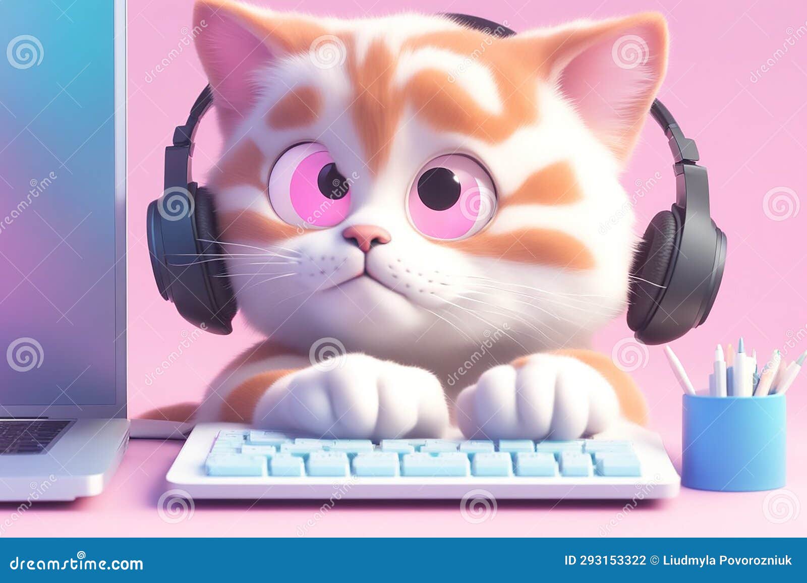 Funny Kitten Work Hard at Office with Computer. Stock Illustration ...