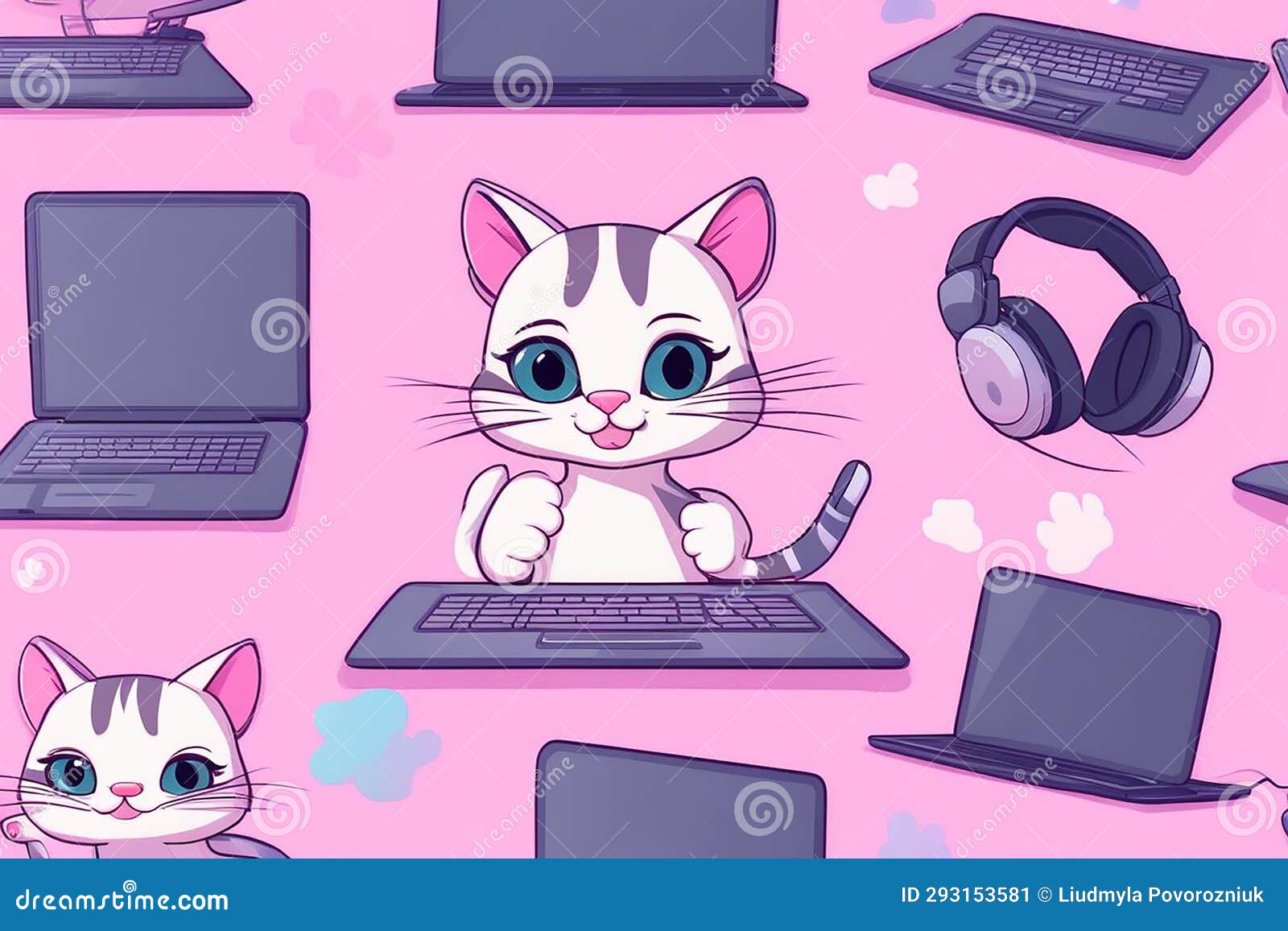 Funny Kitten Work Hard at Office with Computer. Stock Illustration ...