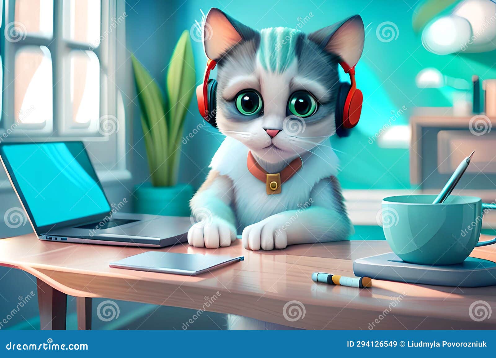 Funny Kitten Work Hard at Office with Computer. Stock Illustration ...