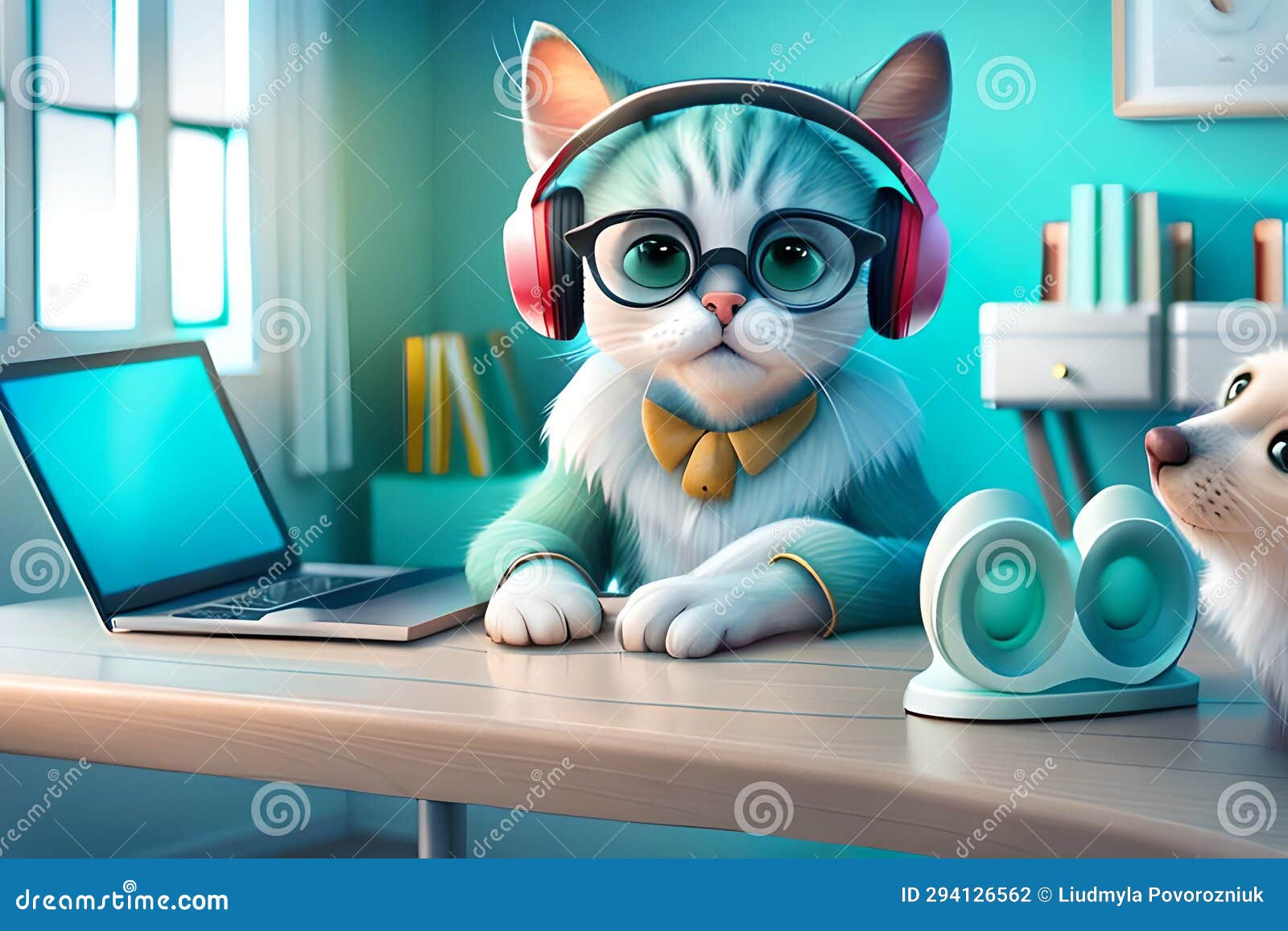 Funny Kitten Work Hard at Office with Computer. Stock Illustration ...