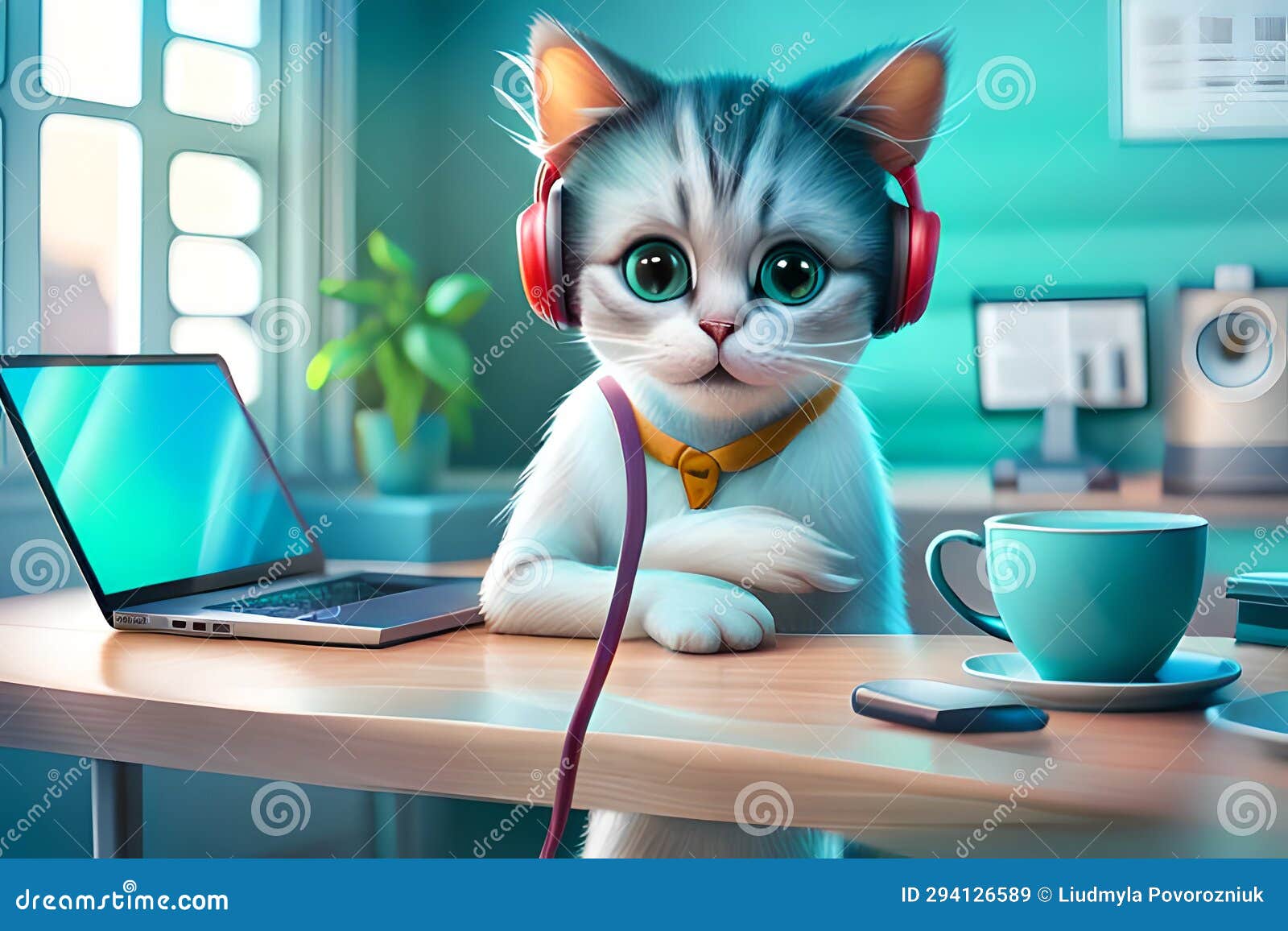 Funny Kitten Work Hard at Office with Computer. Stock Illustration ...
