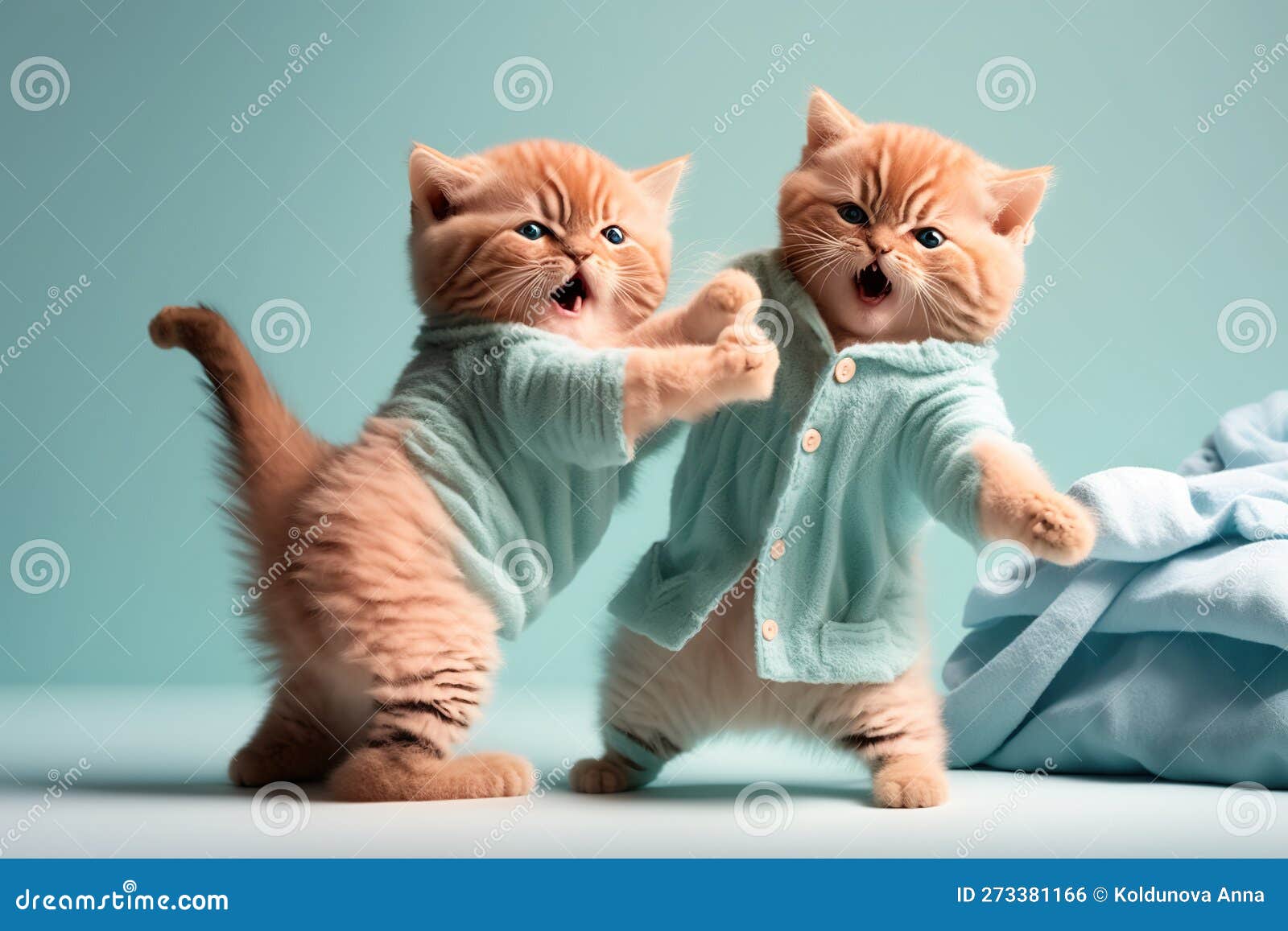 Funny Kittens in Terry Bathrobe Joyfully Jumping at the Bed Having Fun ...