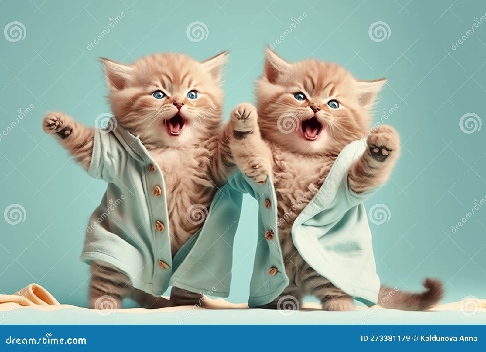 Funny Kittens in Terry Bathrobe Joyfully Jumping at the Bed Having Fun ...