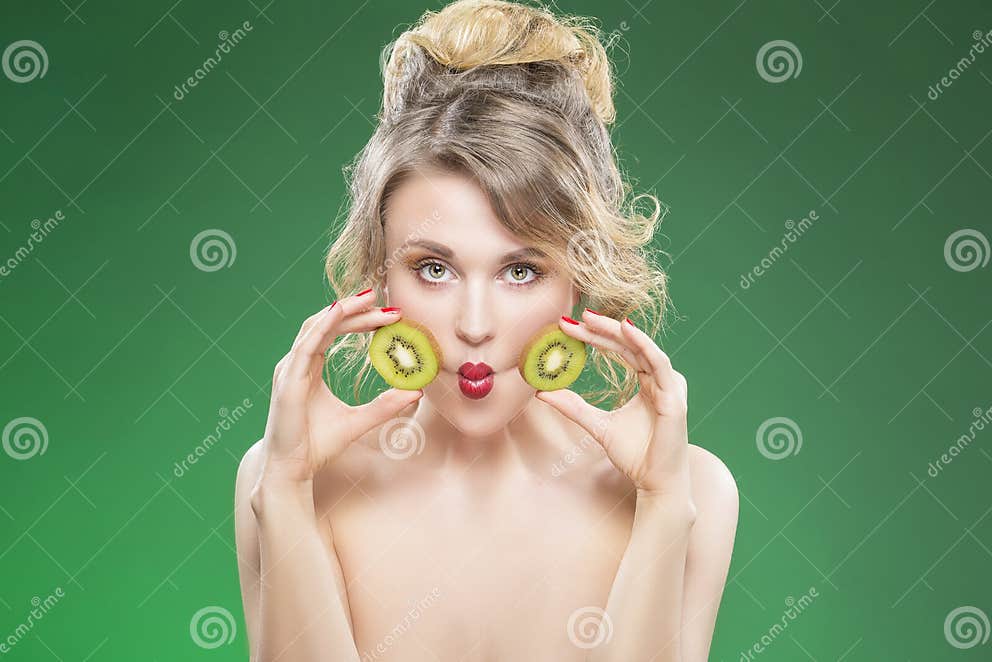 Funny Kiwi Fruit Series Sensual Funny Nude Caucasian Model Making