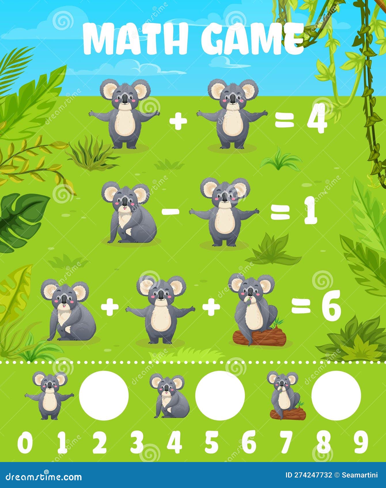 Funny Koala Bear Characters Math Game Worksheet Stock Vector ...