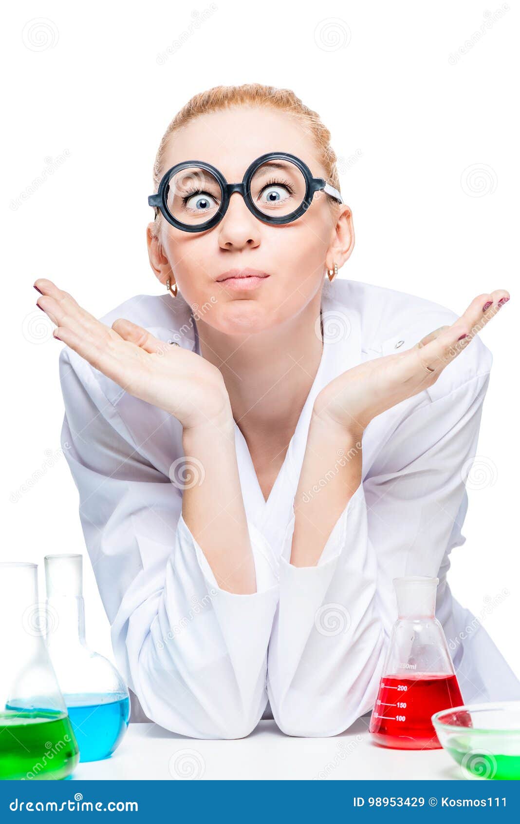 Funny Lab Assistant in White Lab Coat Sits at Table Stock Image - Image ...