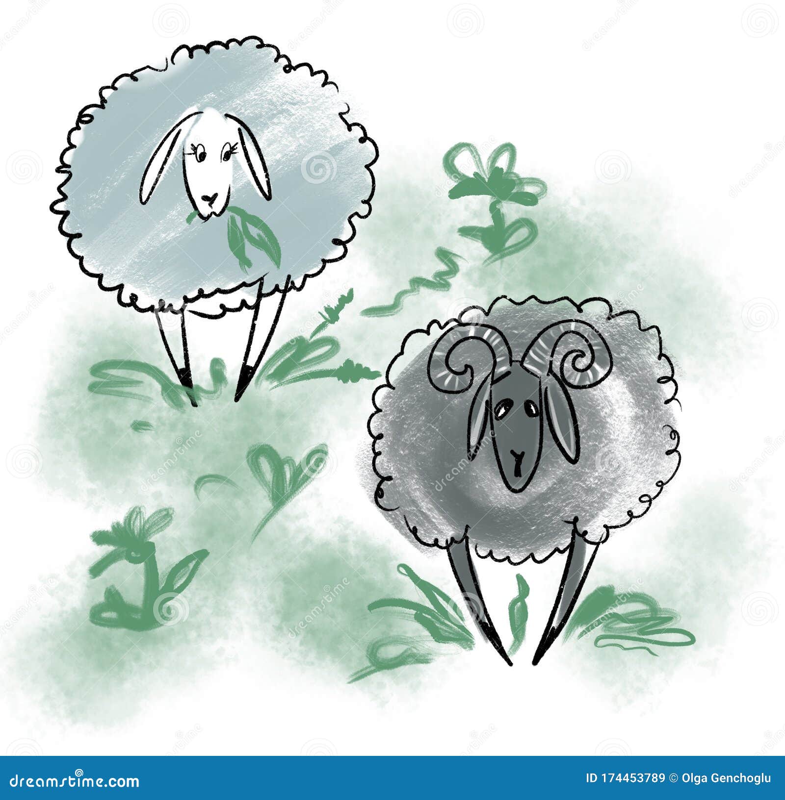 Funny Lambs Eat Spring Fresh Grass in the Meadow Stock Illustration ...