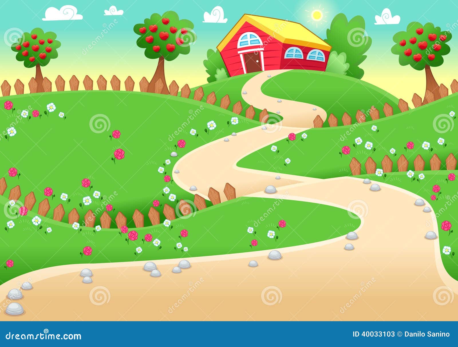 Funny landscape with farm. stock vector. Illustration of nature - 40033103