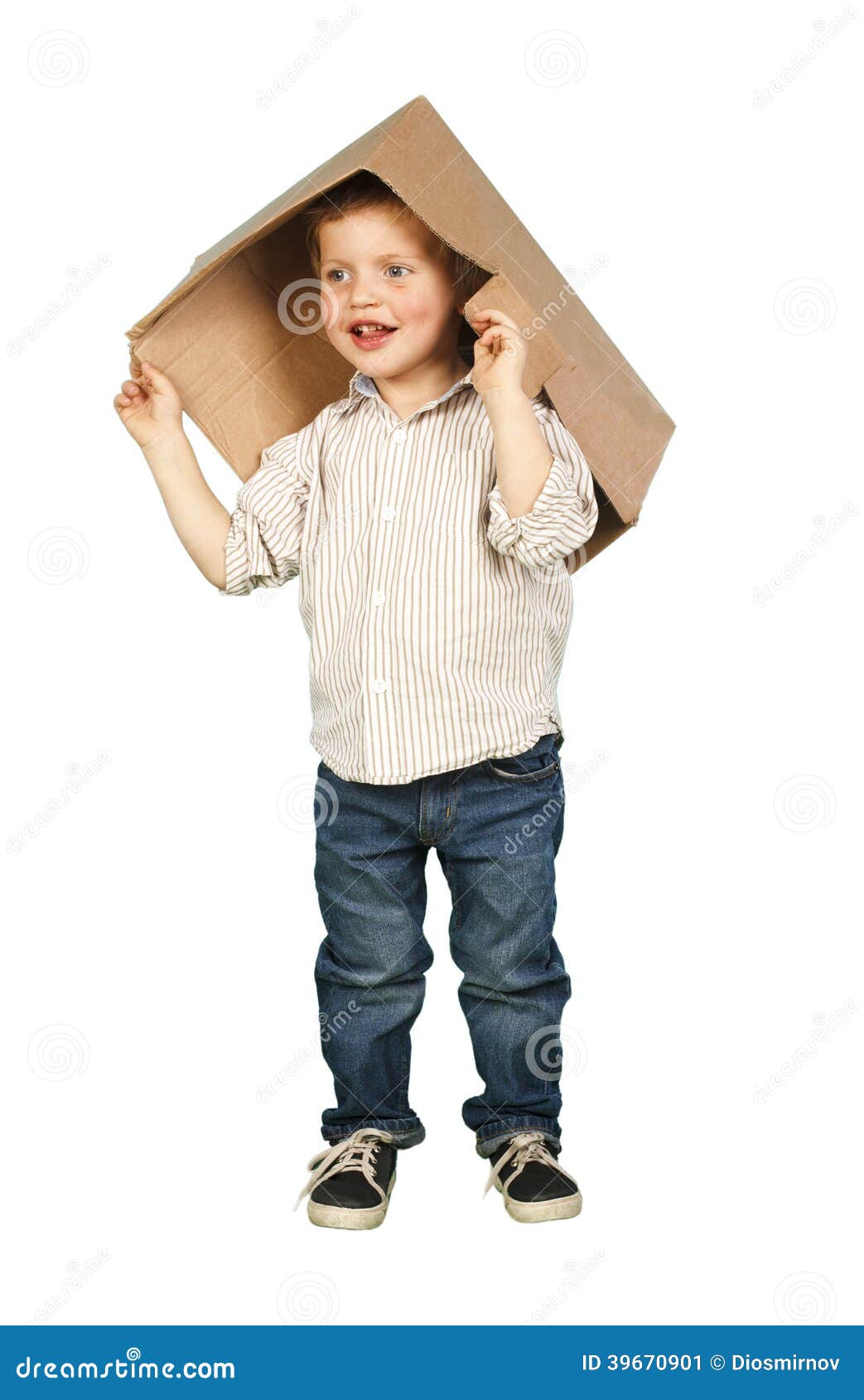 Funny Little Boy with a Box on His Head Stock Image - Image of carry ...