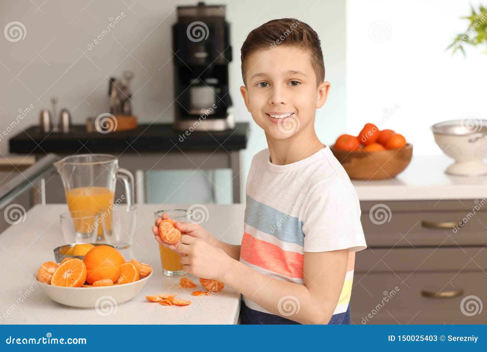 Funny Little Boy Eating Citrus Fruit at Home Stock Image - Image of ...
