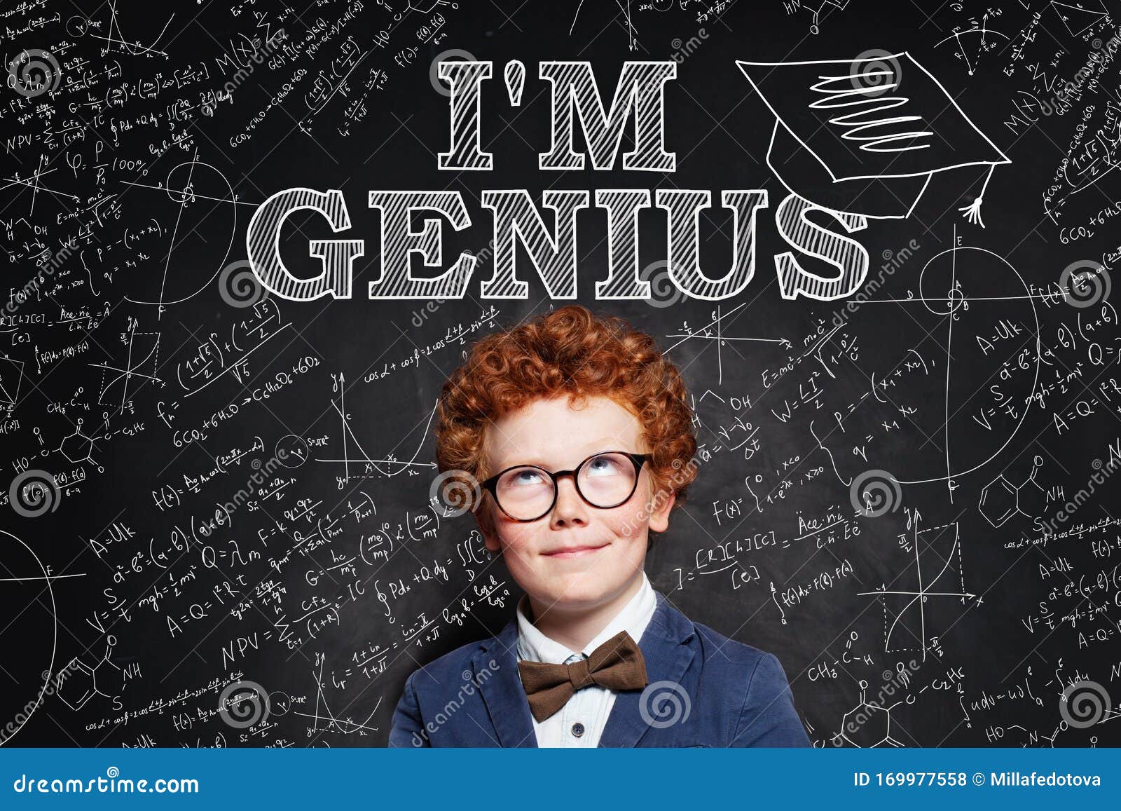 Funny Little Boy Genius on Blackboard Background Portrait Stock Photo ...