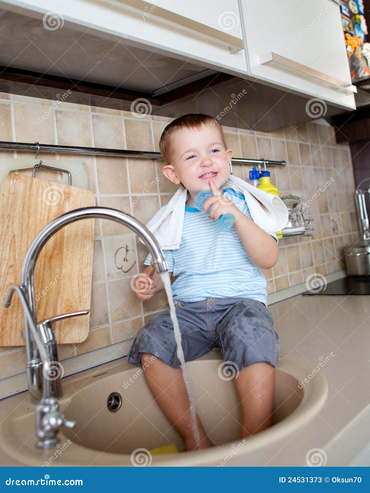 Funny Little Child Boy Washing Dish On Kitchen Stock Image ...