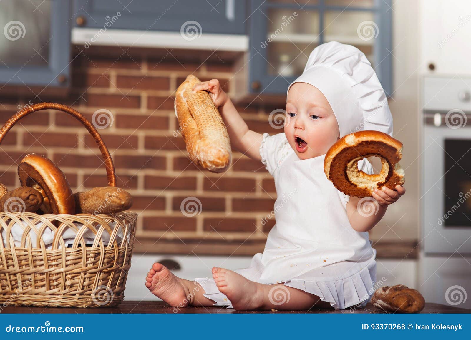 Funny Little Cook in Kitchen with Bakery Stock Photo - Image of bagels ...