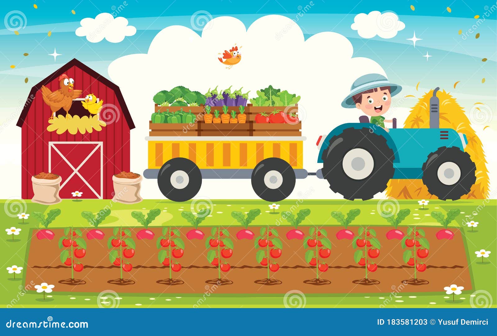 Funny Little Farmer Riding Tractor Stock Vector - Illustration of ...