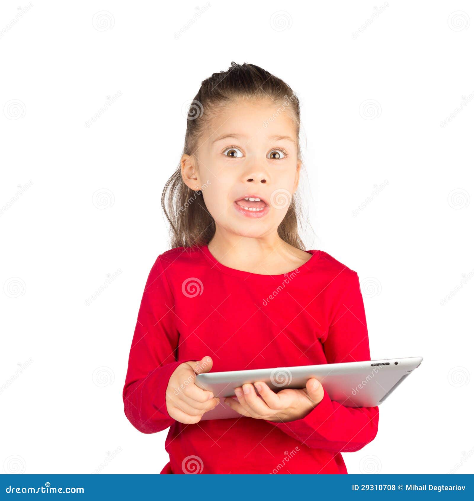 Funny Little Girl with Tablet Computer Stock Photo - Image of portrait ...