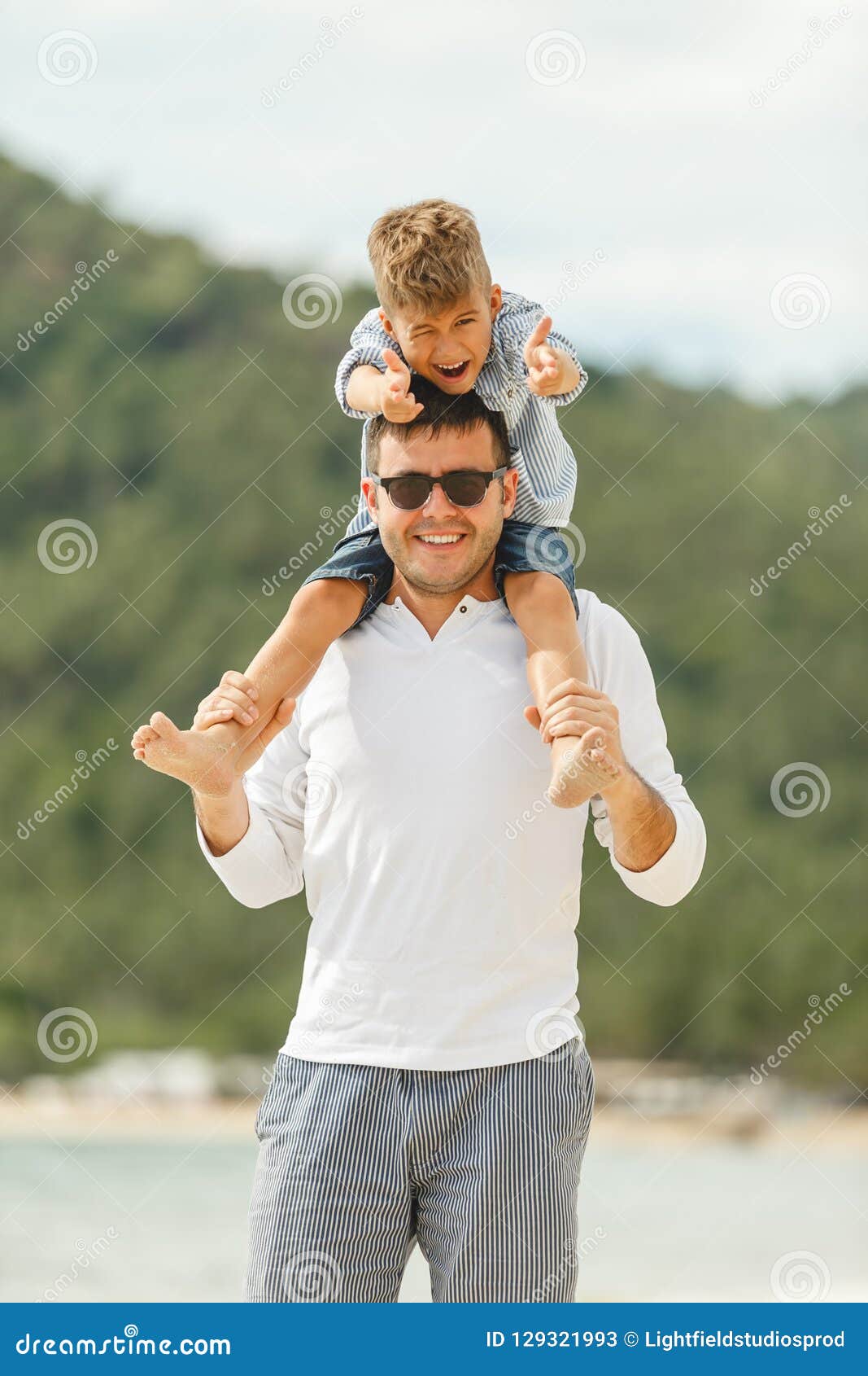 Funny Little Kid on Fathers Shoulders Stock Image - Image of parent ...