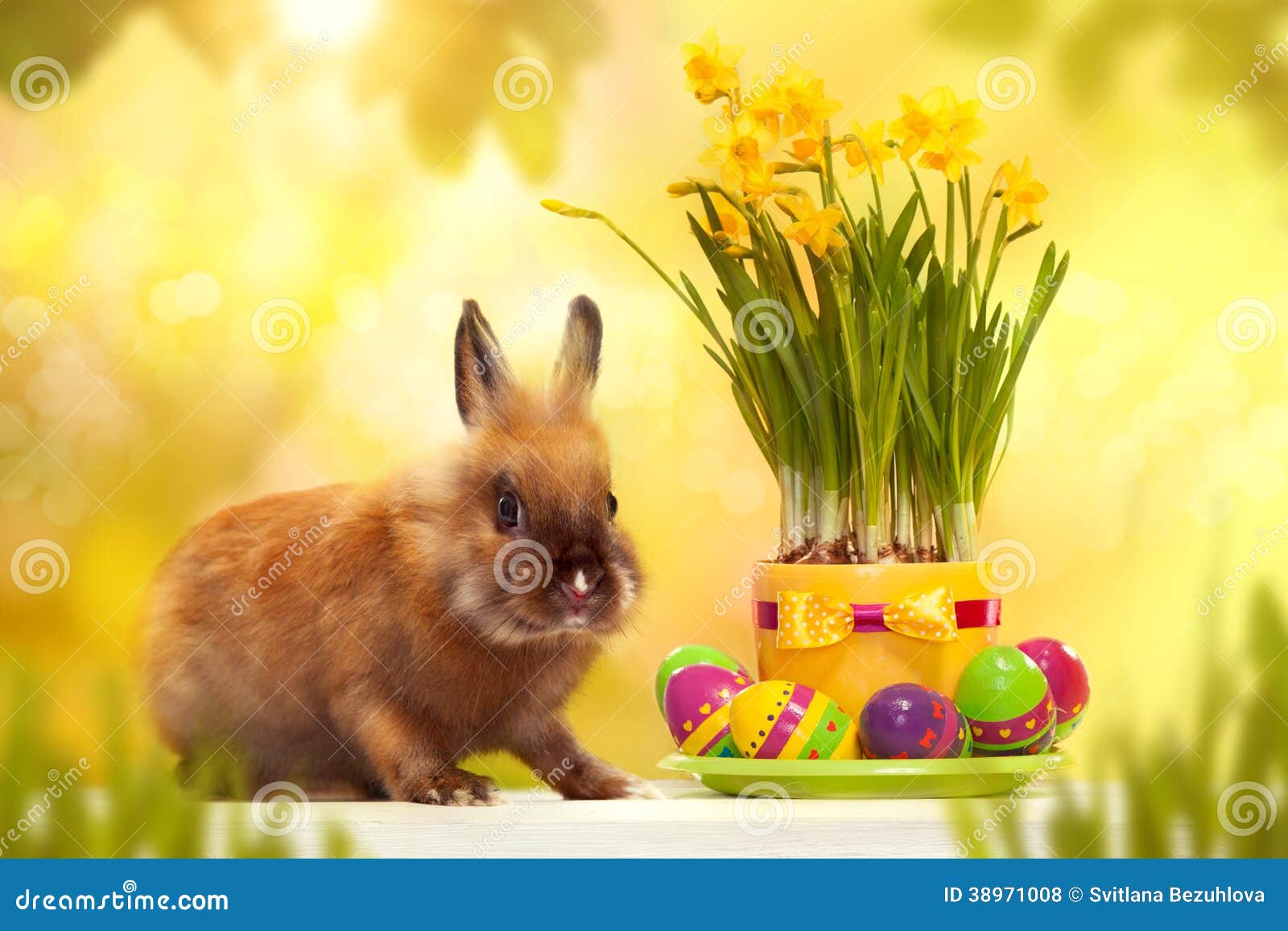 Funny Little Rabbit with Easter Eggs Stock Photo - Image of flower ...
