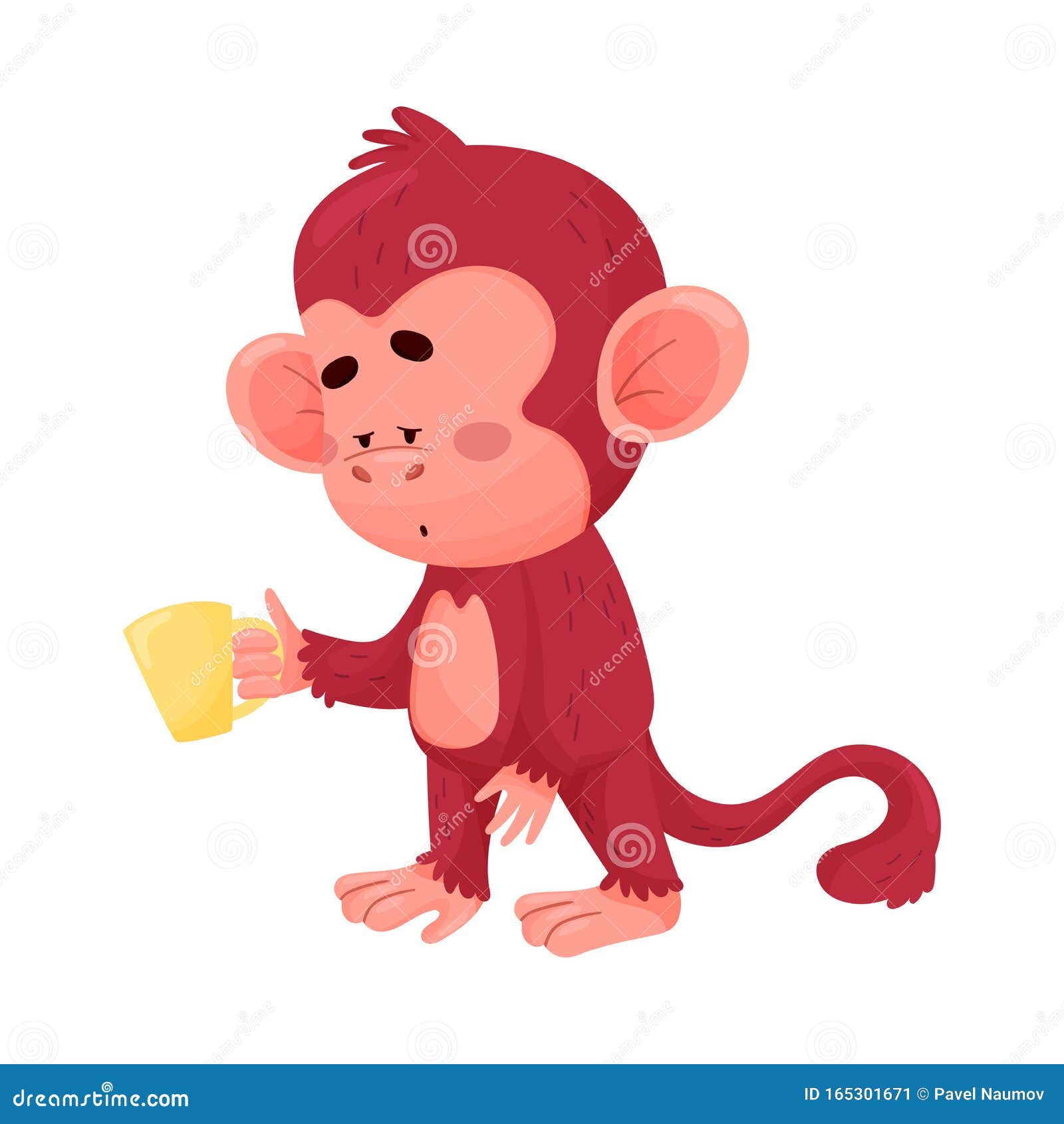 Funny Little Red Monkey Standing with Cup of Coffe or Tea Vector ...