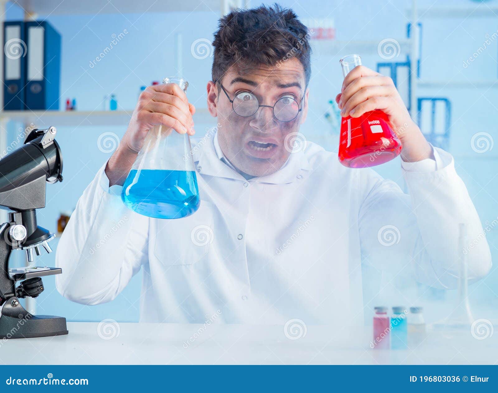 Funny Mad Chemist Working in a Laboratory Stock Photo - Image of doctor ...