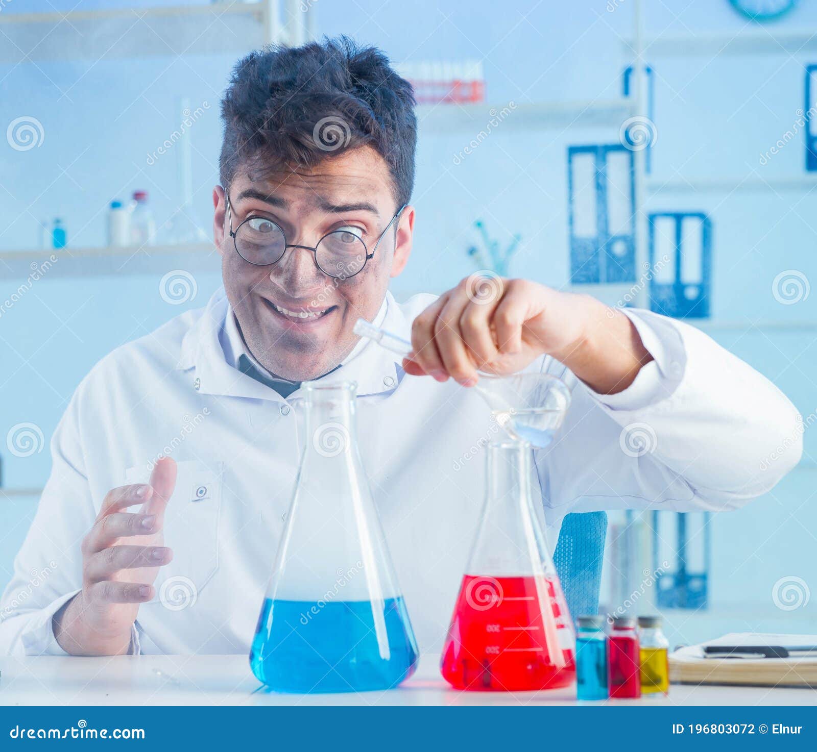 The Funny Mad Chemist Working in a Laboratory Stock Photo - Image of ...