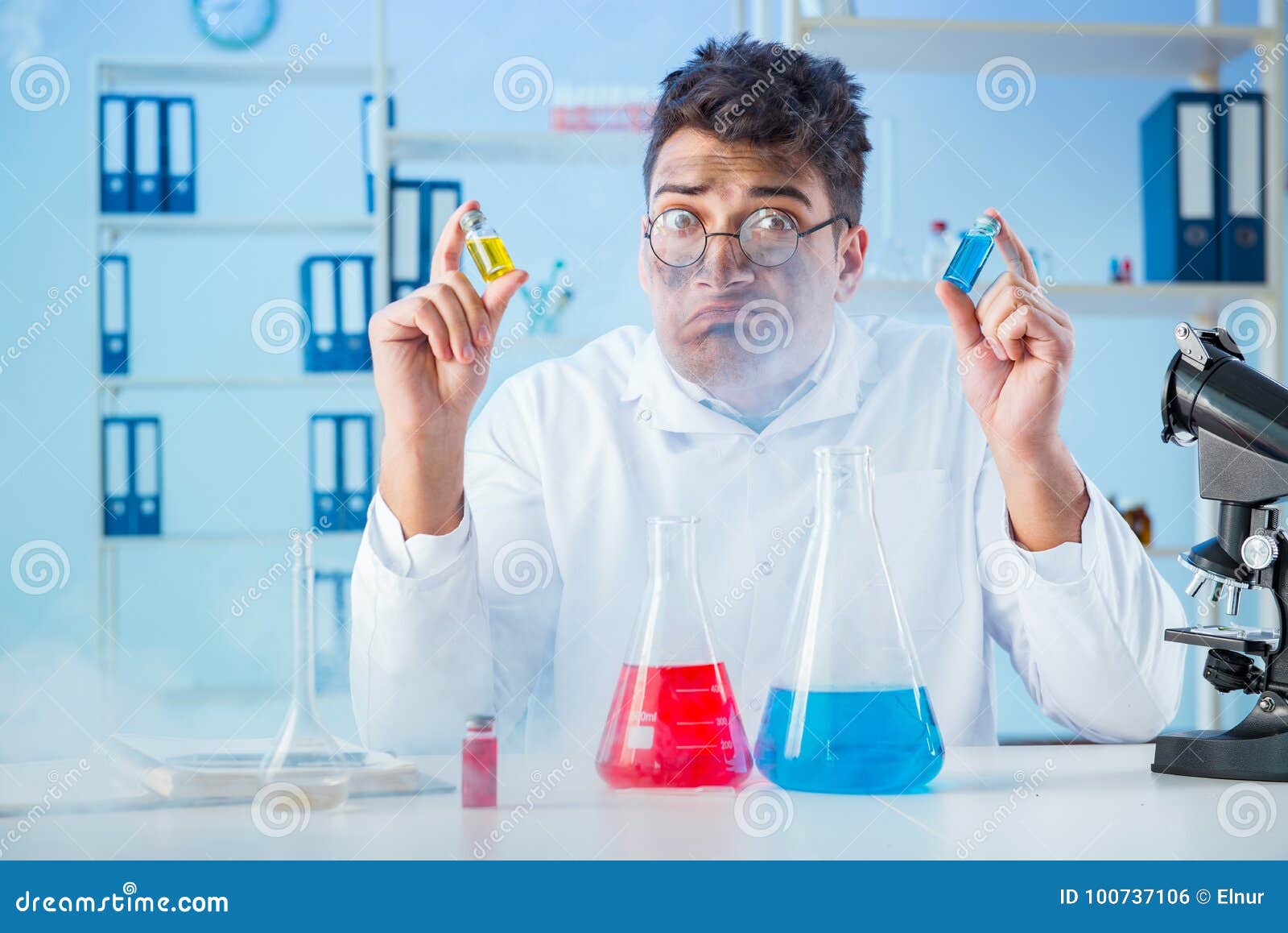 The Funny Mad Chemist Working in a Laboratory Stock Photo - Image of ...