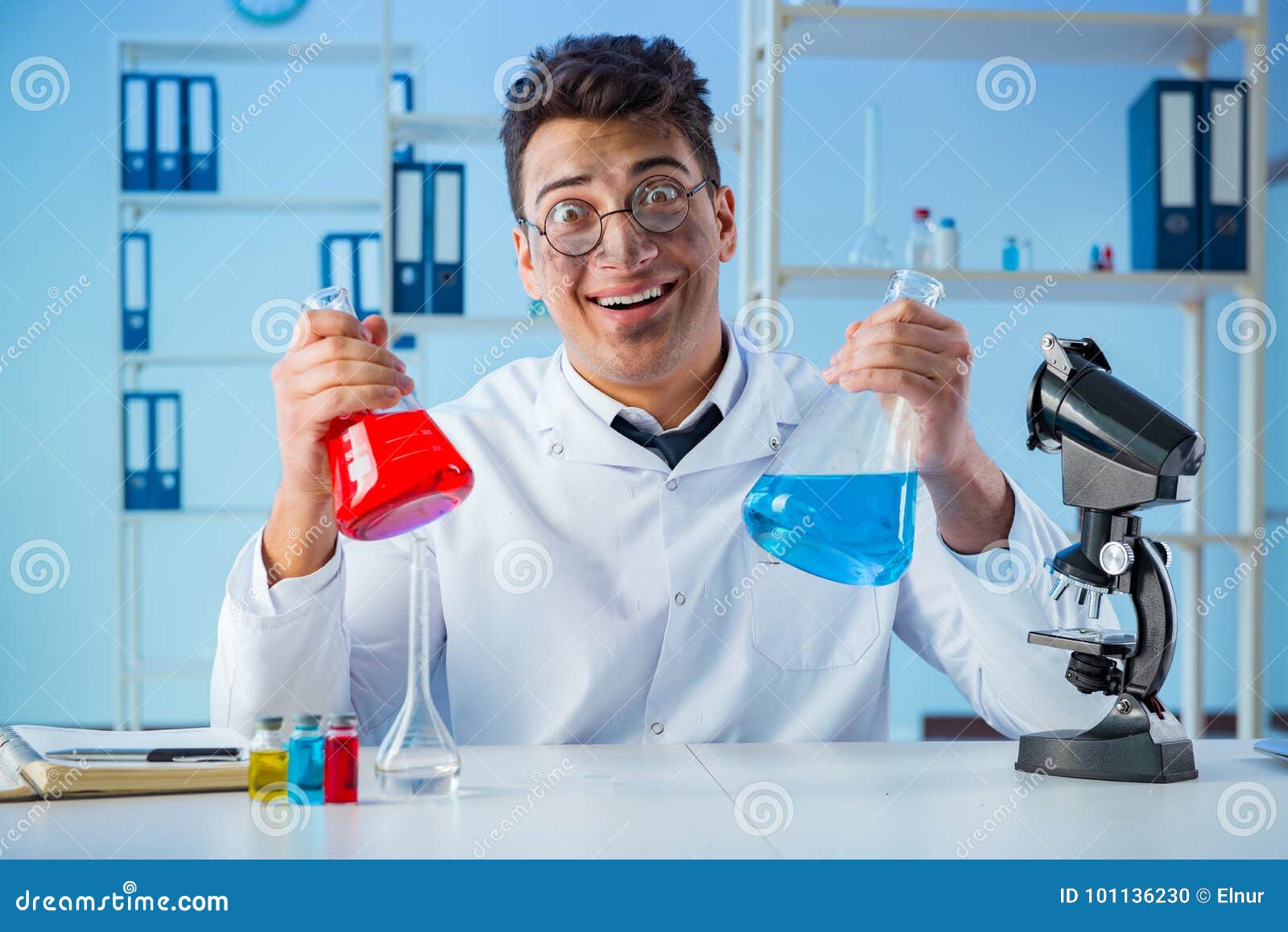 The Funny Mad Chemist Working in a Laboratory Stock Photo - Image of ...