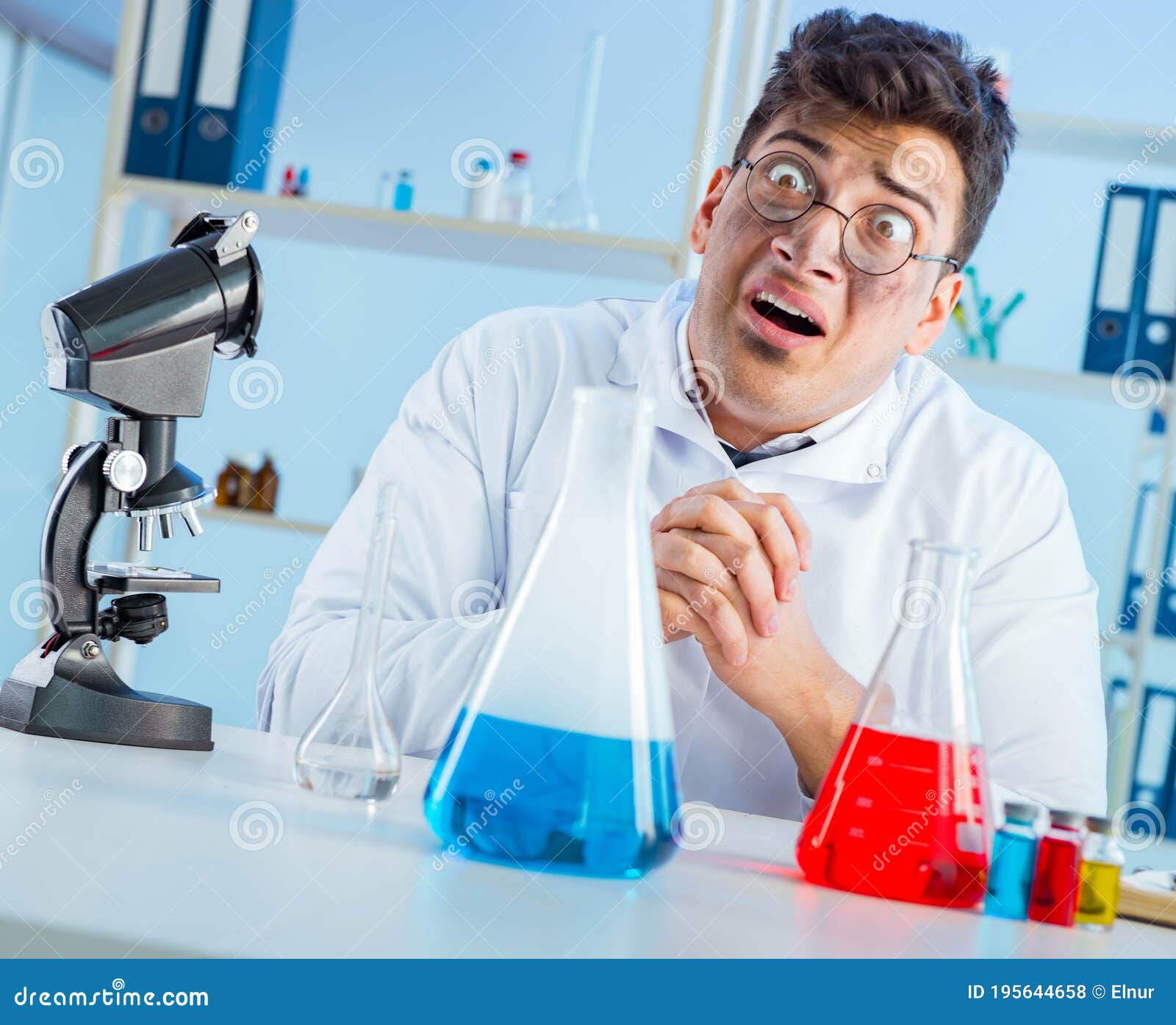 The Funny Mad Chemist Working in a Laboratory Stock Photo - Image of ...