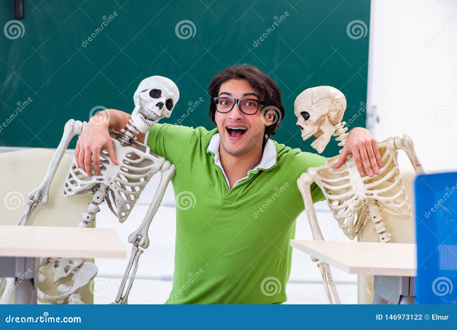 The Funny Male Student in the Classroom with Skeleton Stock Photo ...