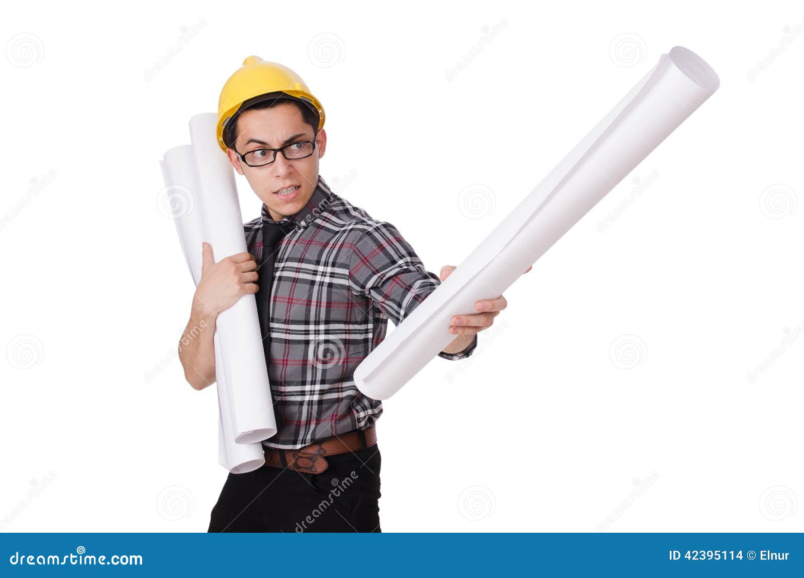 Funny man with blueprints stock photo. Image of horizontal - 42395114