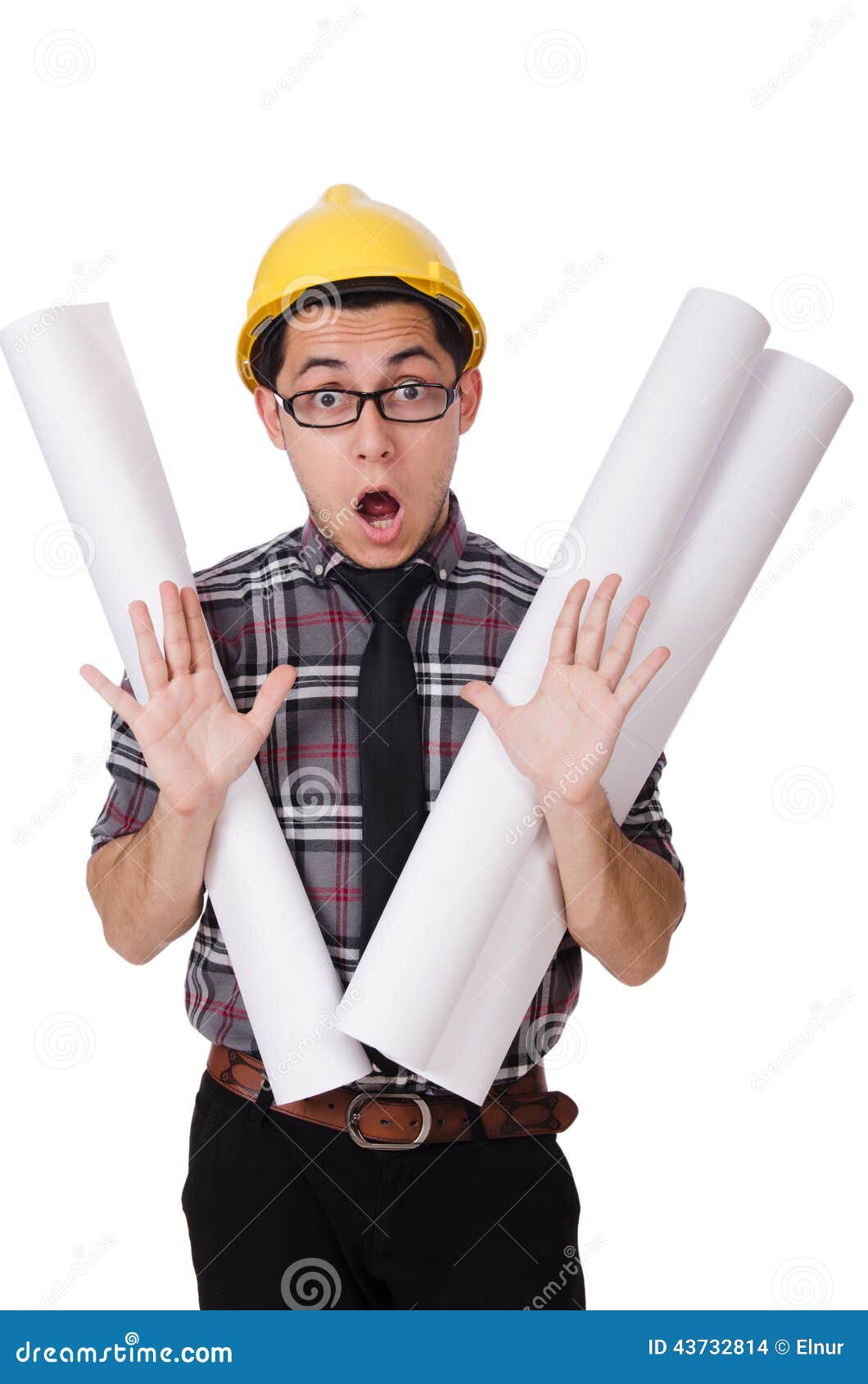 Funny man with blueprints stock photo. Image of engineering - 43732814