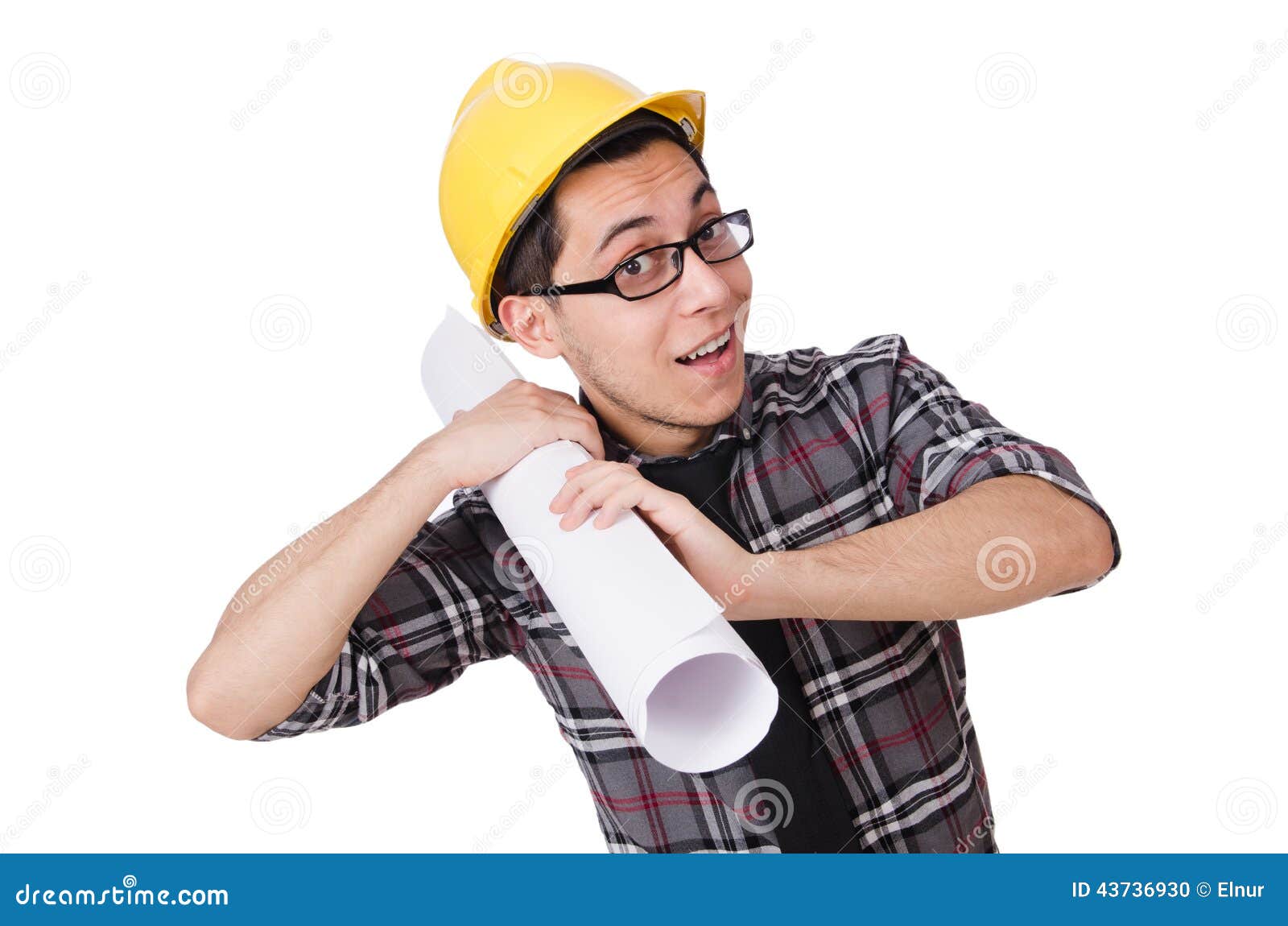 Funny man with blueprints stock photo. Image of building - 43736930