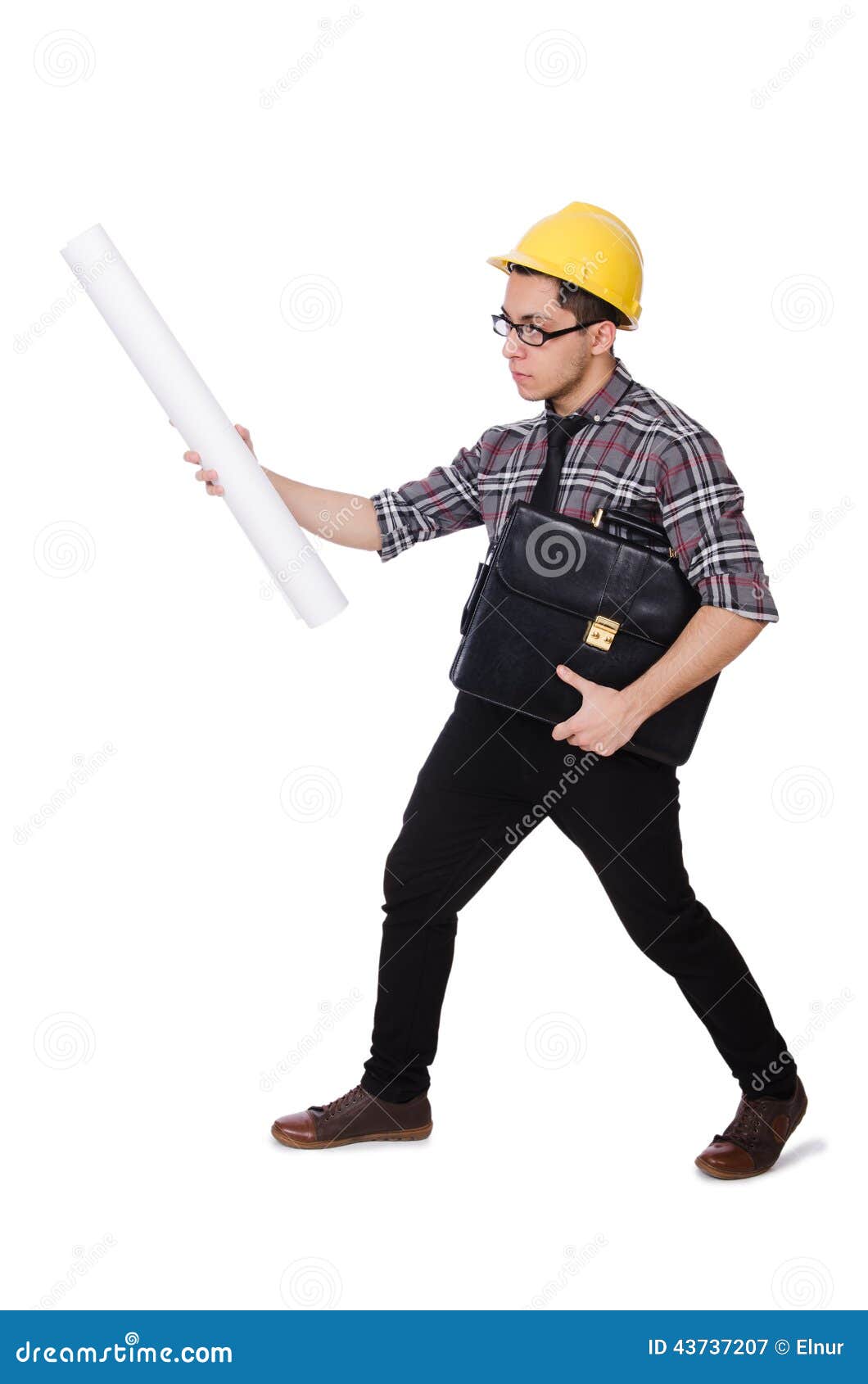 Funny man with blueprints stock image. Image of construction - 43737207