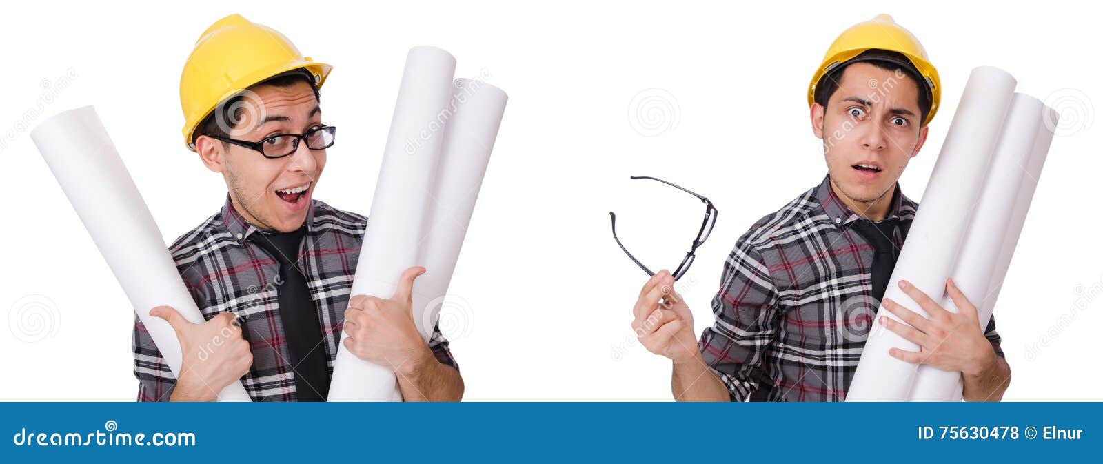 The Funny Man with Blueprints on White Stock Photo - Image of industry ...