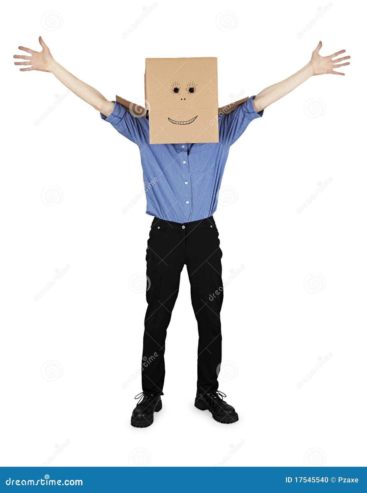 Funny Man with Box on Head Rejoices Stock Photo - Image of hands, head ...