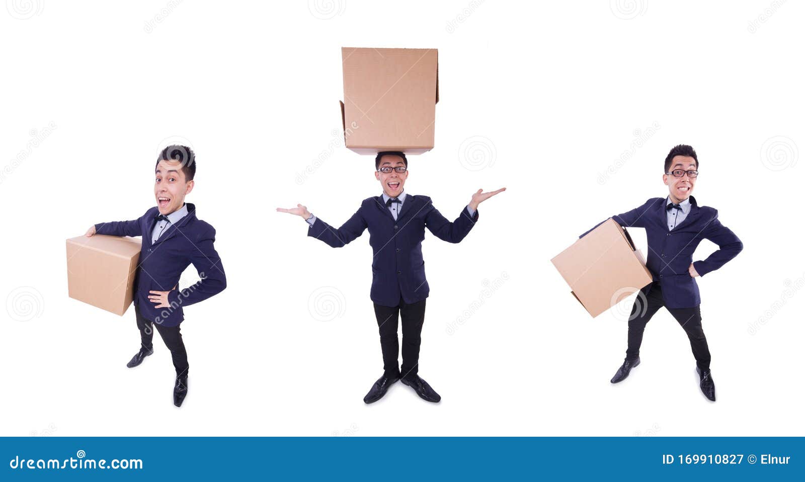 Funny Man with Box on White Stock Image - Image of poses, courier ...