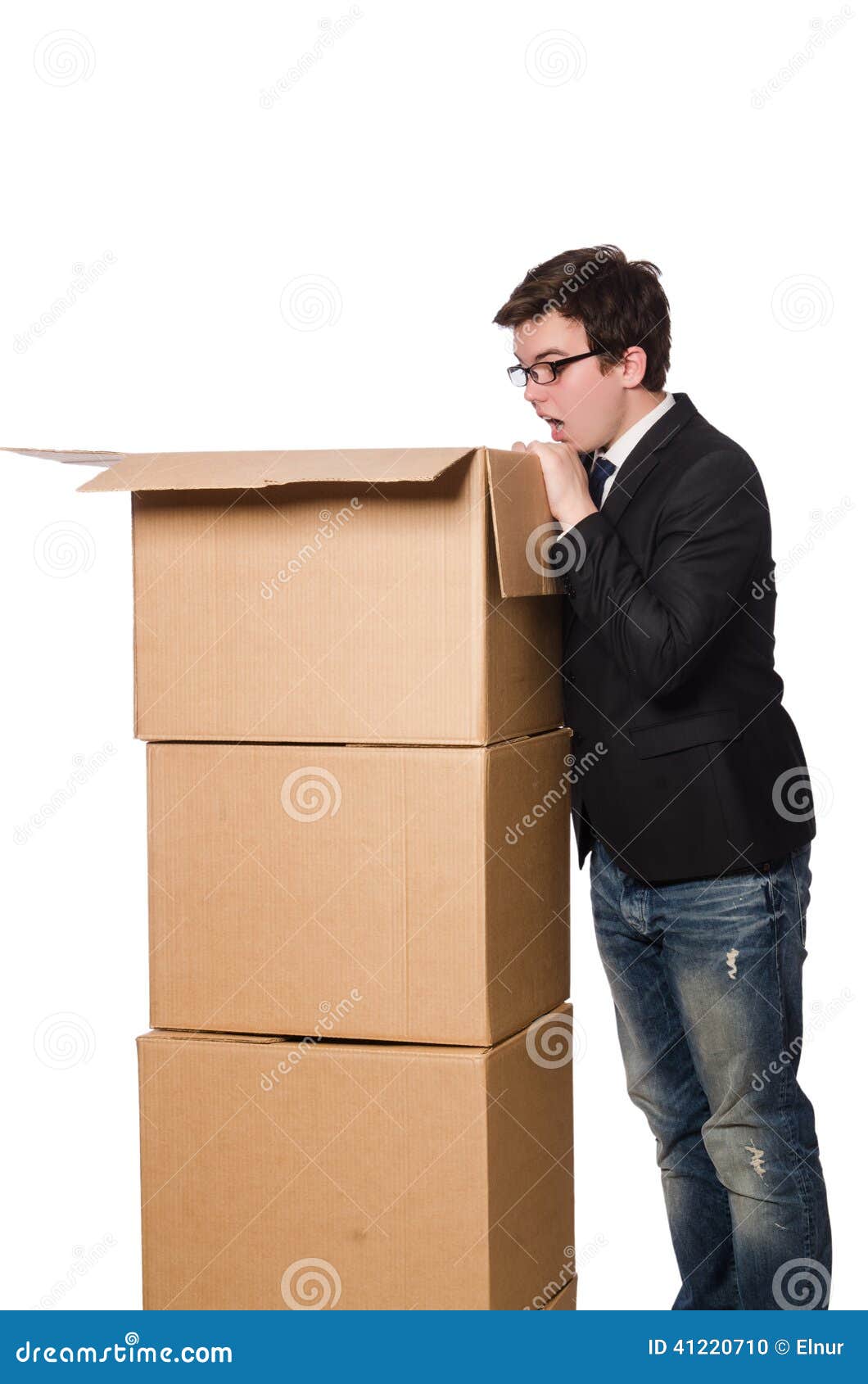 Funny Man with Boxes Isolated Stock Photo - Image of service, funny ...