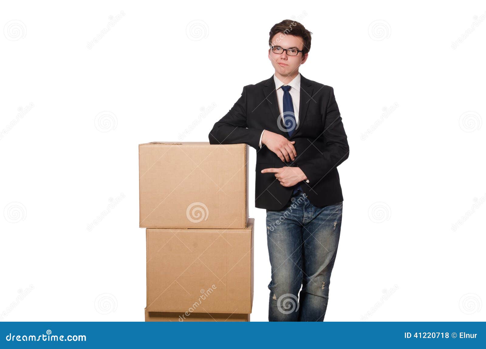 Funny Man with Boxes Isolated Stock Photo - Image of shipping, heavy ...