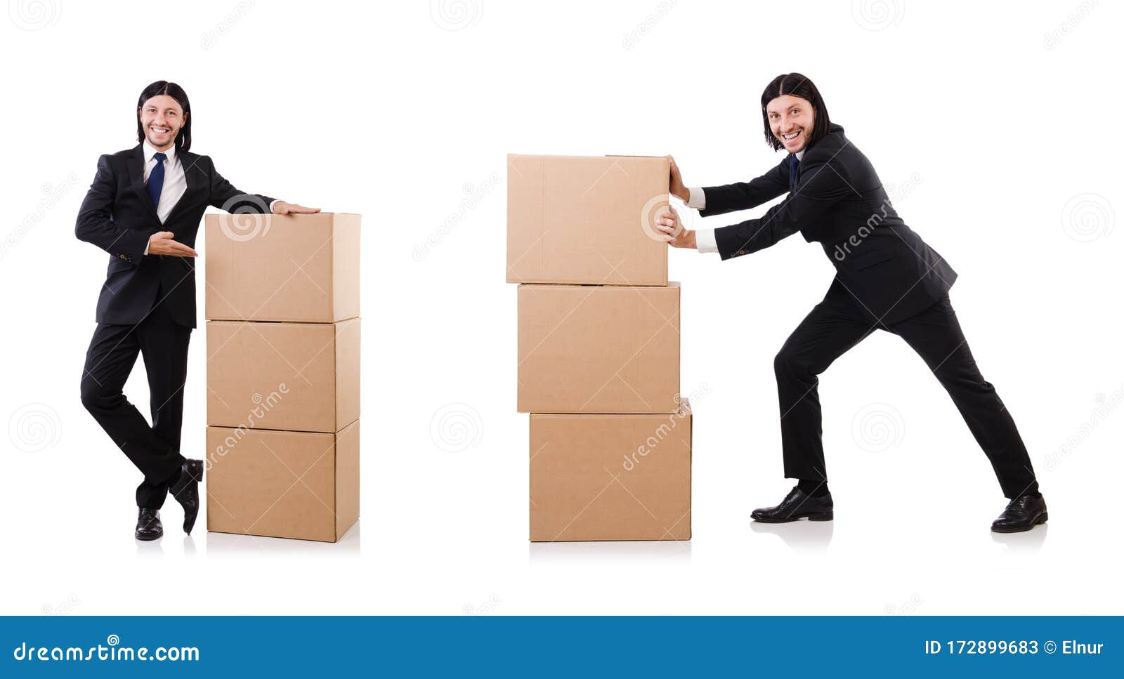 Funny Man with Boxes on White Stock Image - Image of montage ...