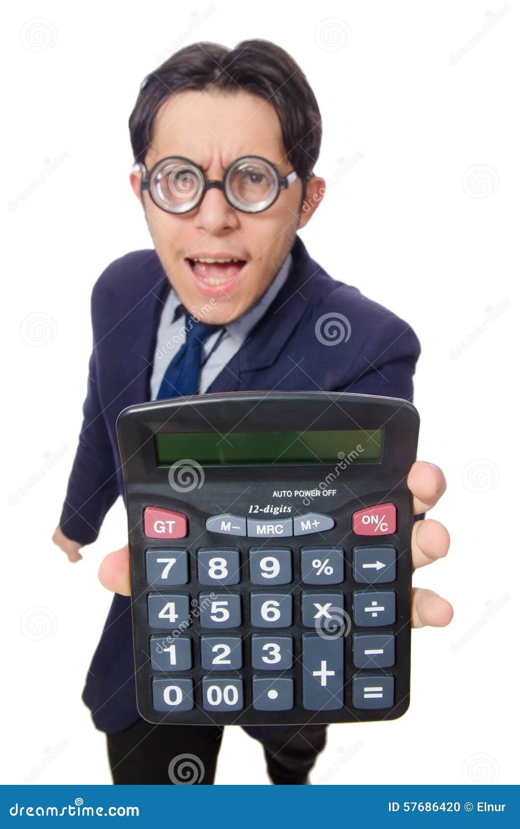 Funny Man with Calculator Isolated on White Stock Photo - Image of ...