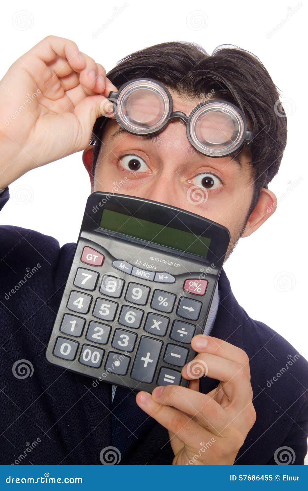 Funny Man with Calculator Isolated on White Stock Image - Image of ...