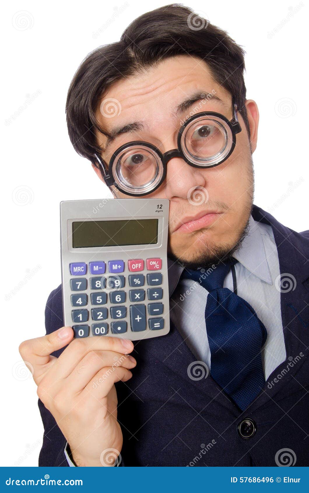 Funny Man with Calculator Isolated on White Stock Photo - Image of ...