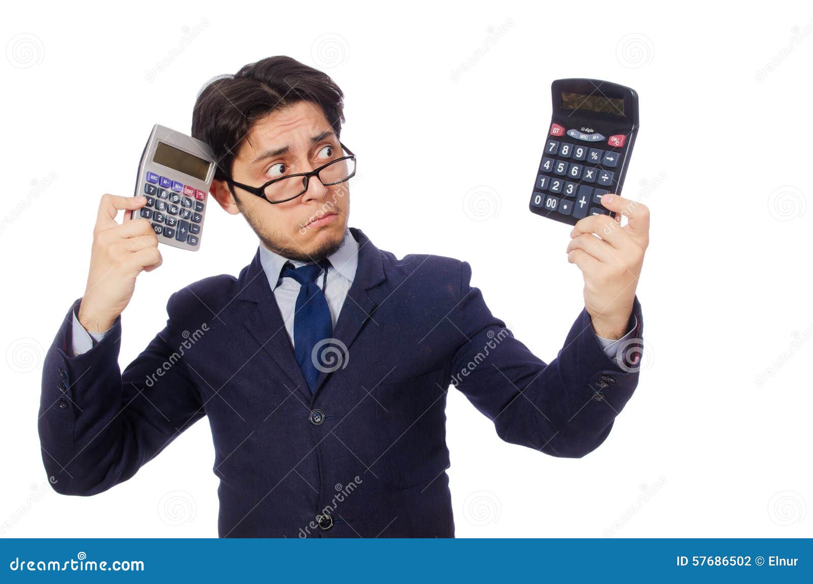 Funny Man with Calculator Isolated on White Stock Photo - Image of ...